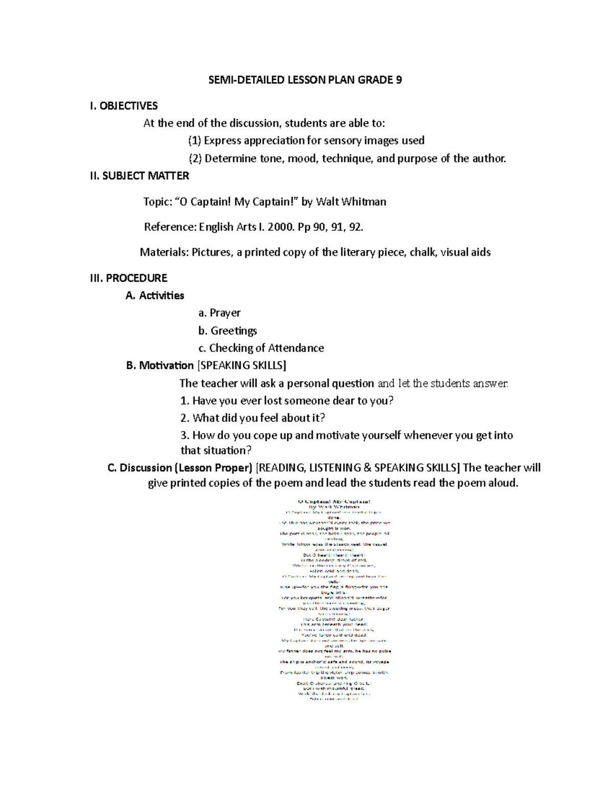 Grade 9 SEMI DETAILED LESSON PLAN: "O Captain! My Captain!" by Whitman ...