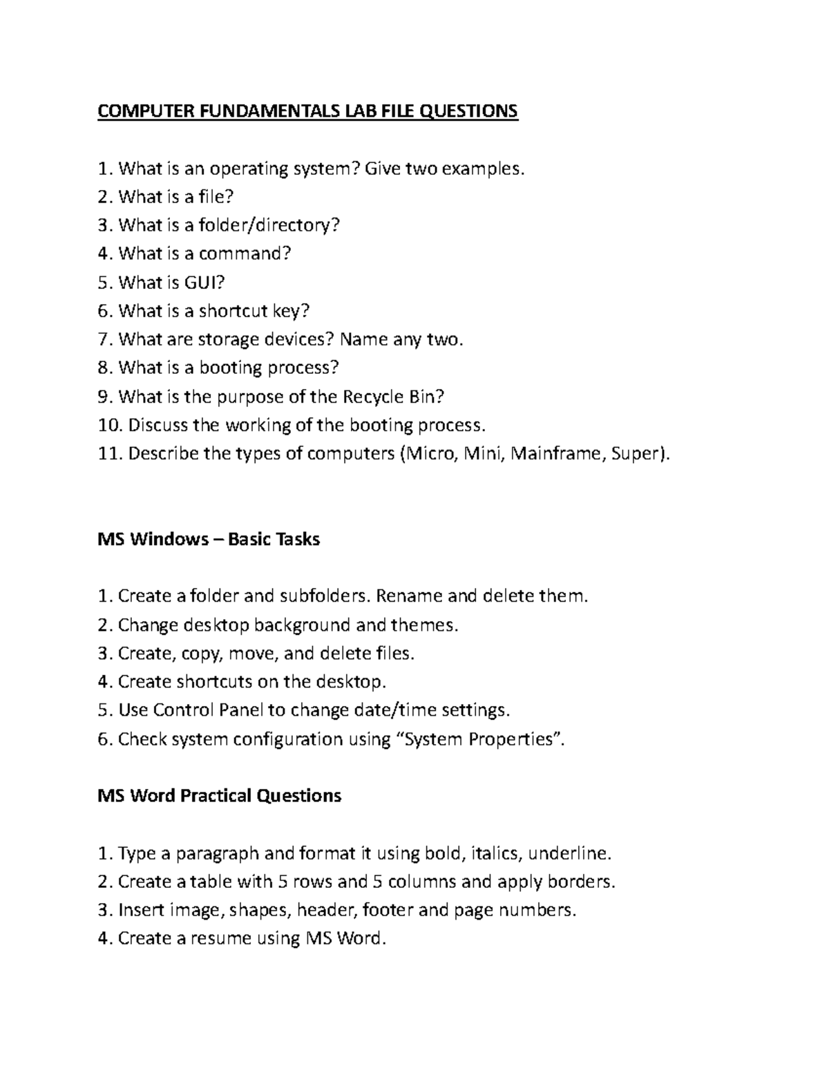 COMPUTER FUNDAMENTALS LAB FILE: Important Questions & Tasks - Studocu