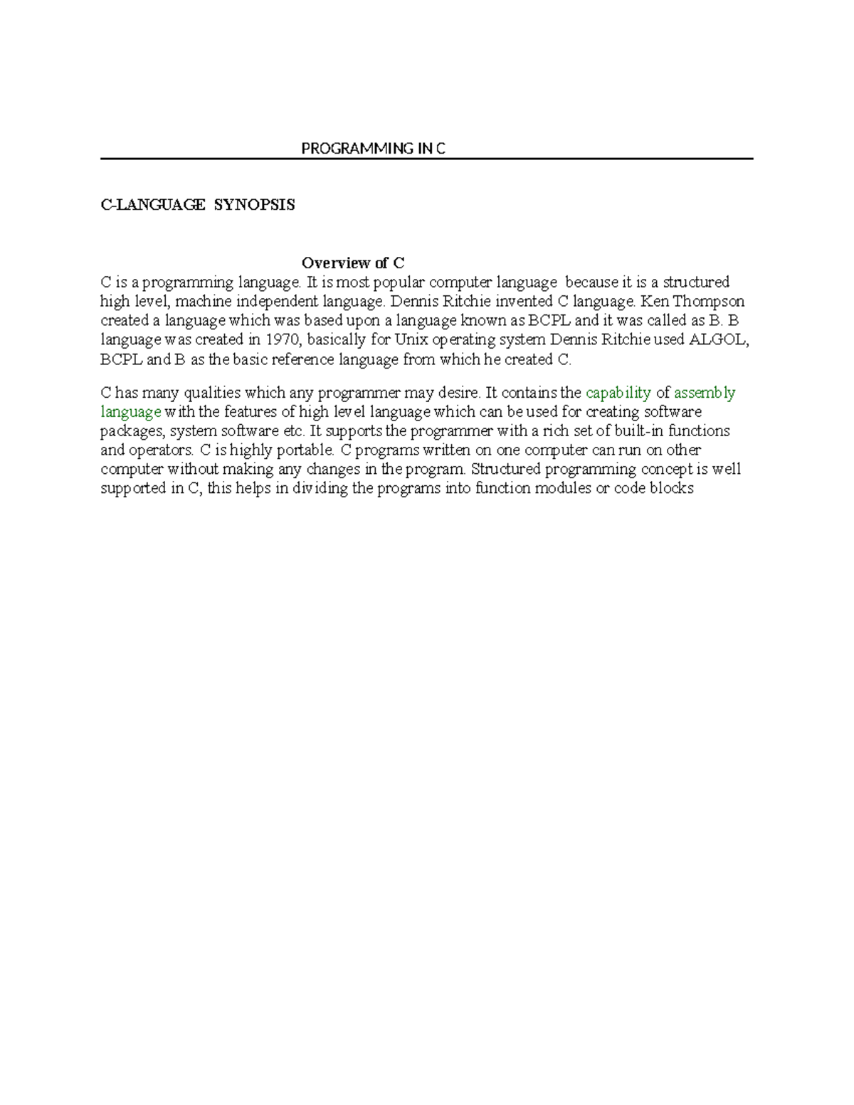 Programming IN C Synopsis - PROGRAMMING IN C C-LANGUAGE SYNOPSIS ...