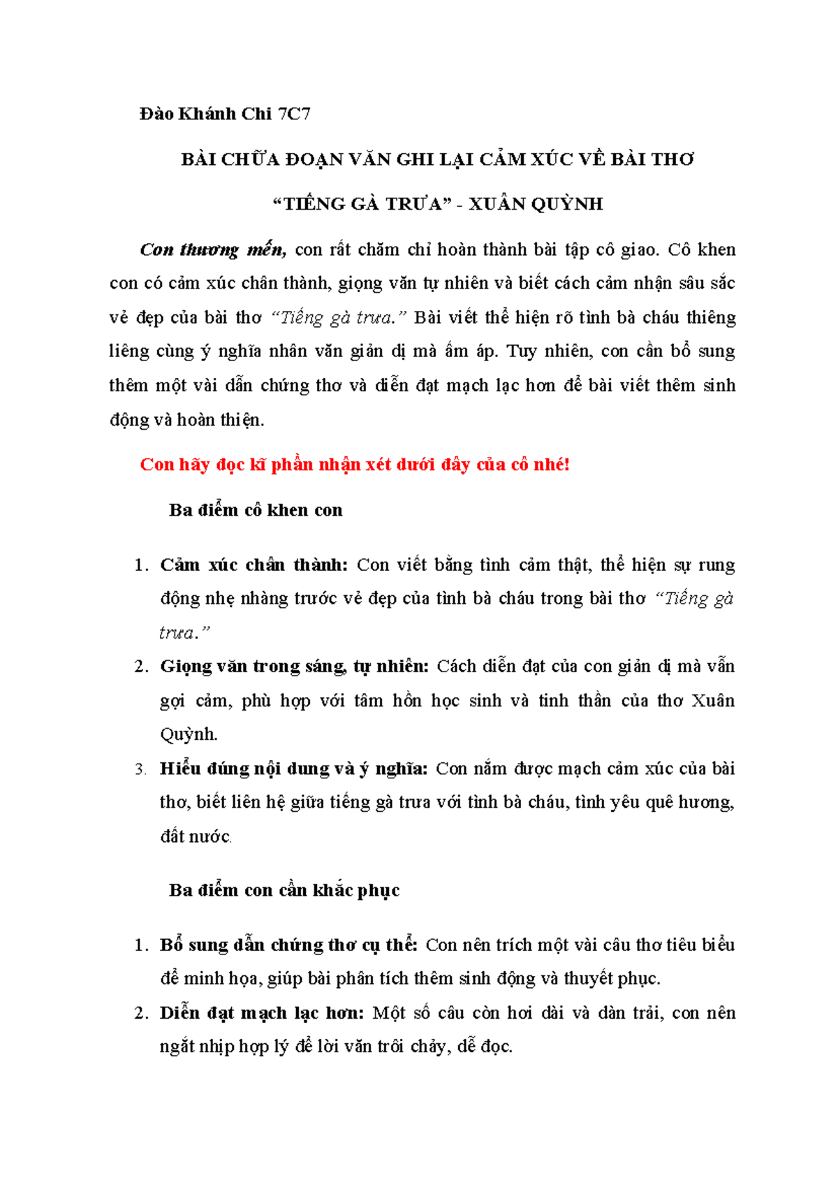 Đào Khánh Chi 7C7 - Bài Chữa Cảm Xúc Về Bài Thơ Gà Xuân Quỳnh - Studocu