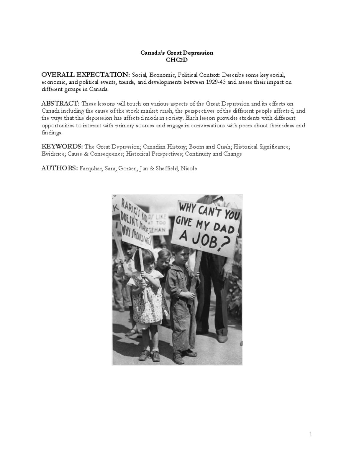 CHC2D - Lessons on Canada's Great Depression: Causes & Impact Analysis ...
