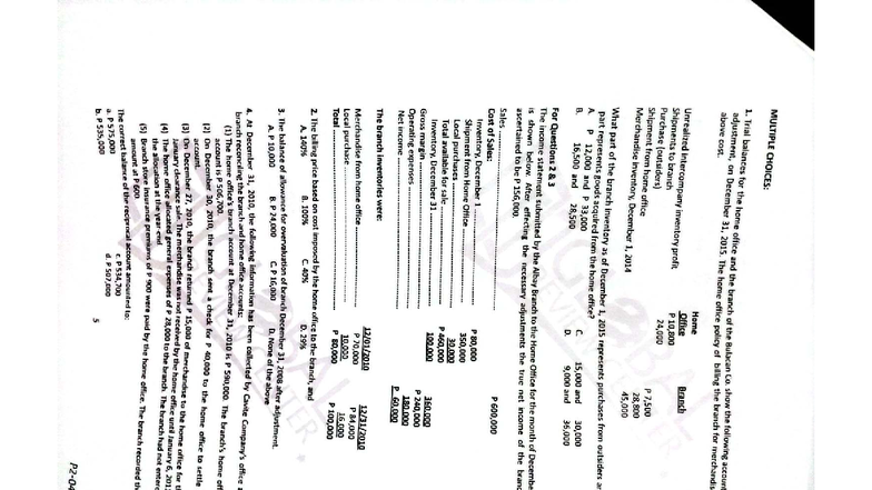 Multiple Choice Questions: CS 1 - Branch and Home Office Accounting ...