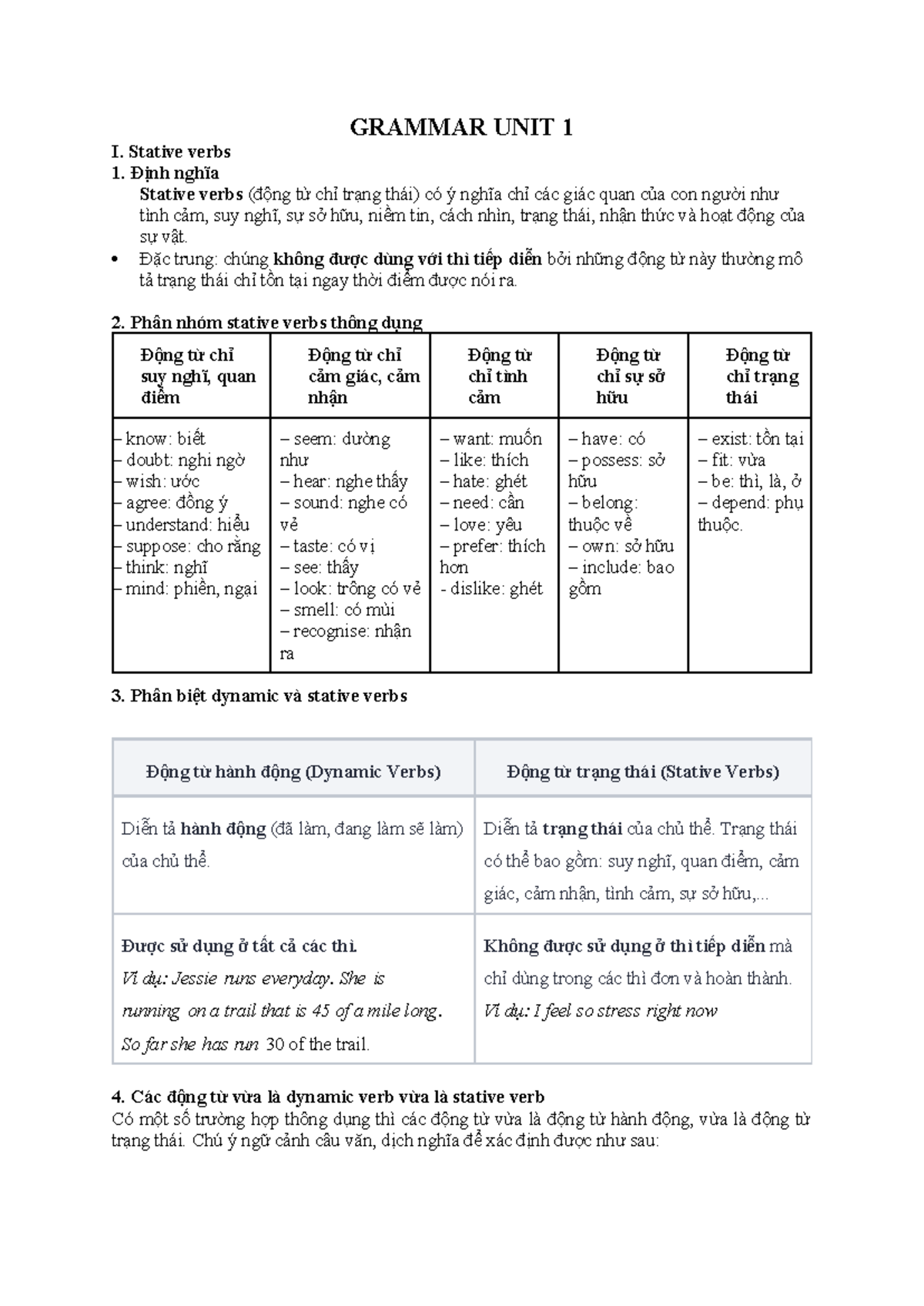 Grammar UNIT 1: Stative Verbs and Their Usage - Studocu