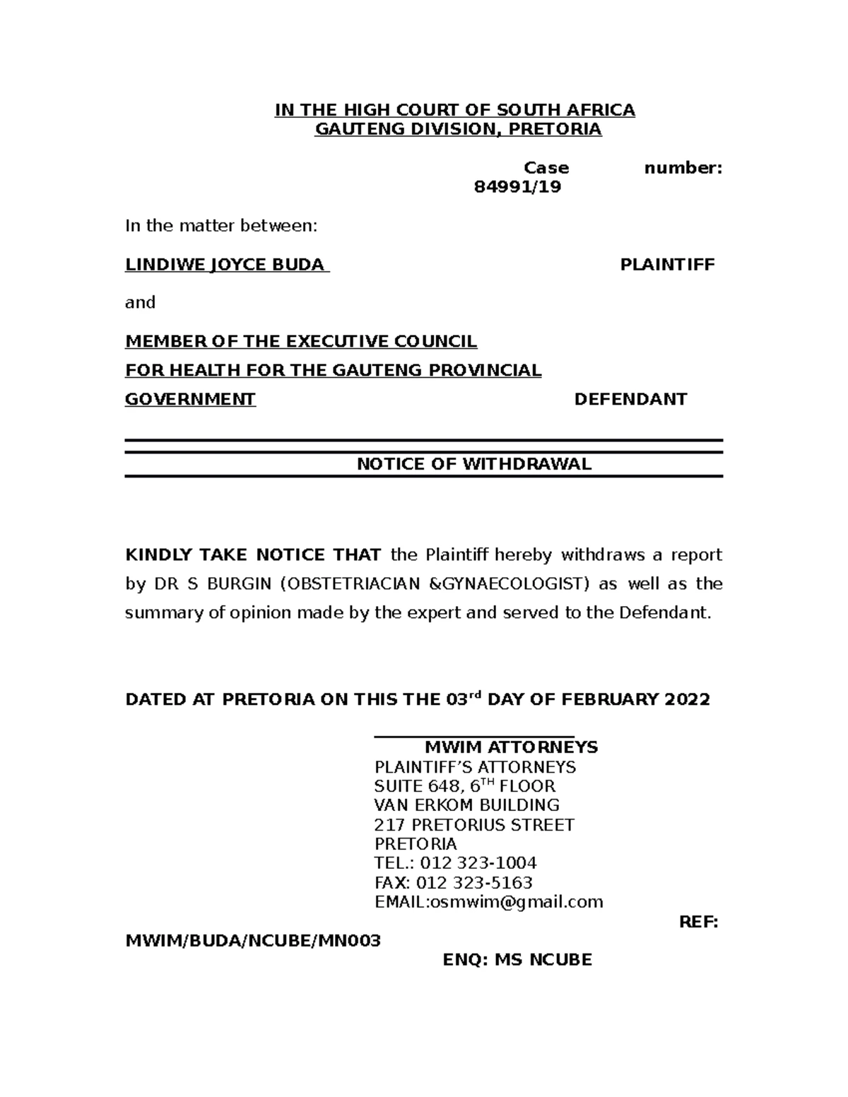 Particulars of Claim Template for Case No. 25/2024: Minister of Police ...