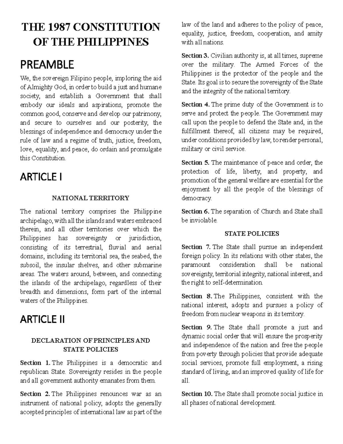 1987 Constitution of the Philippines: Preamble & Articles Overview ...