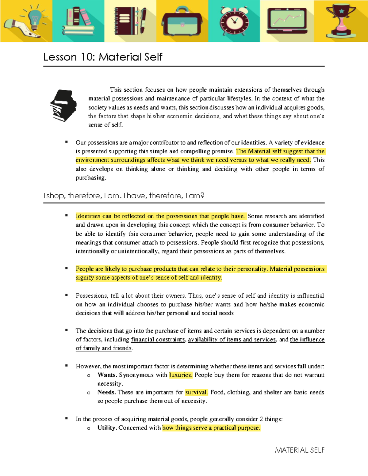 Lesson 10 Material Self - Lesson 10: Material Self This section focuses ...