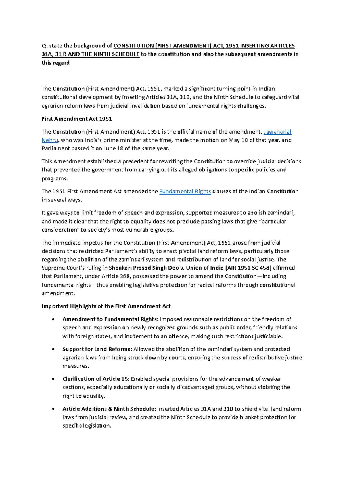 Constitution (1st Amend.) Act, 1951: Key Changes & Impacts - Studocu