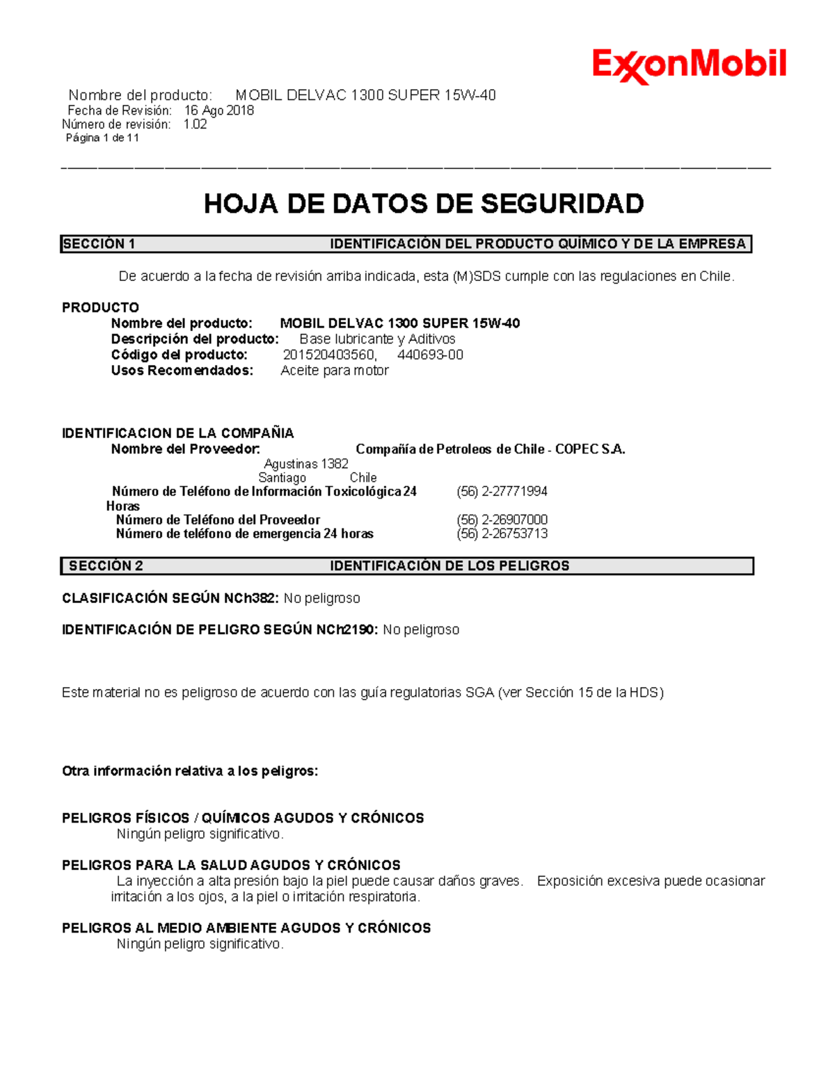 Hoja de Datos de Seguridad: MOBIL DELVAC 1300 SUPER (Rev. 1.02) - Studocu