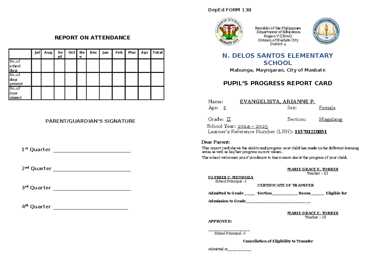 DepEd FORM 138: Progress Report Card for Grade II - SY 2024-2025 - Studocu