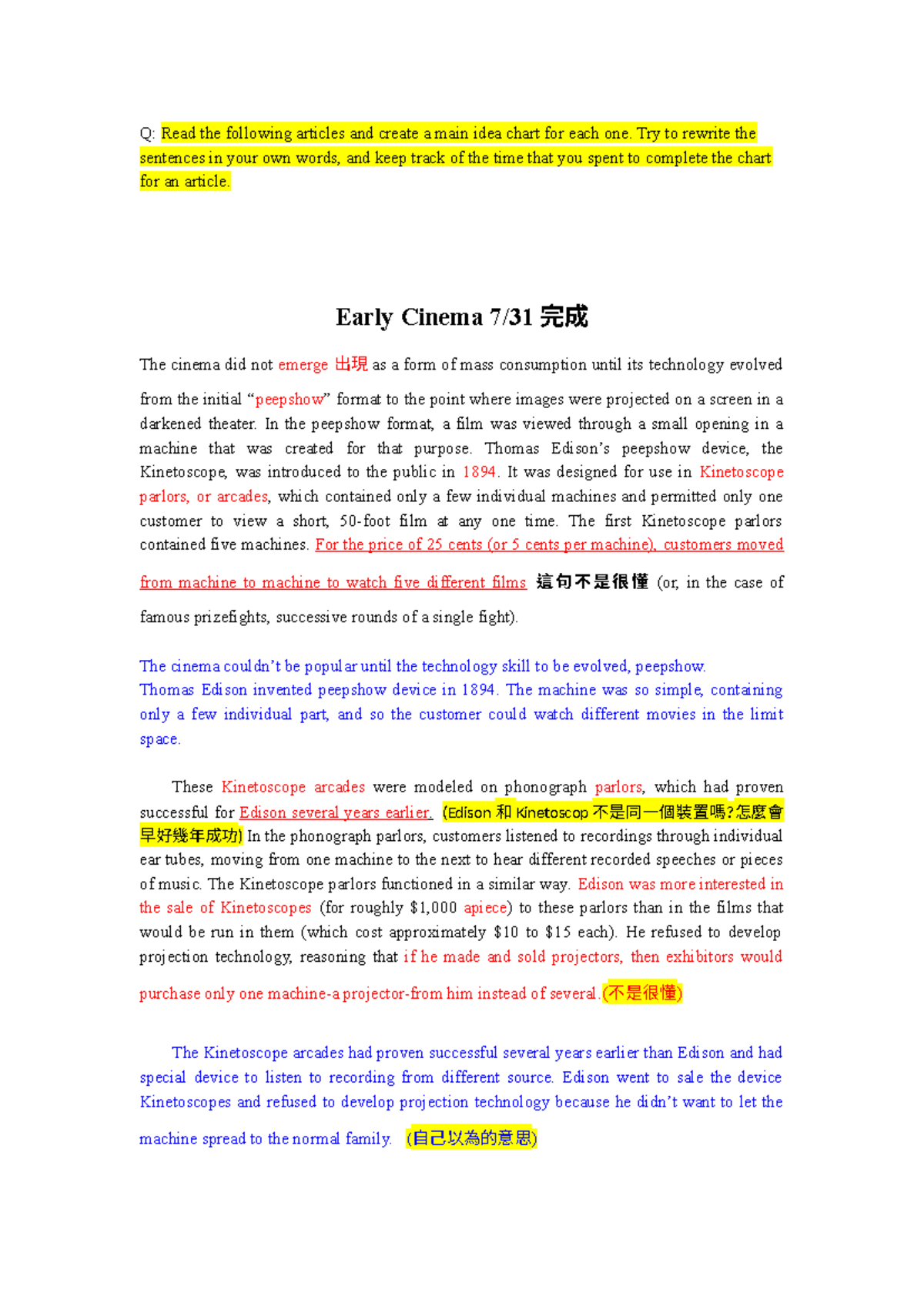 0727 Reading Assignment: Main Idea Charts and Summaries - Studocu
