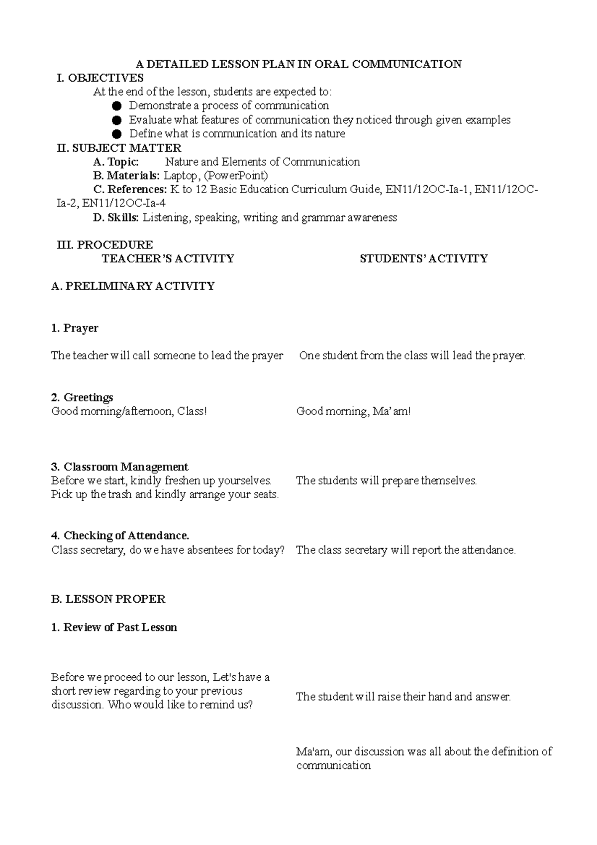 DLP- ORAL Communication - A DETAILED LESSON PLAN IN ORAL COMMUNICATION ...