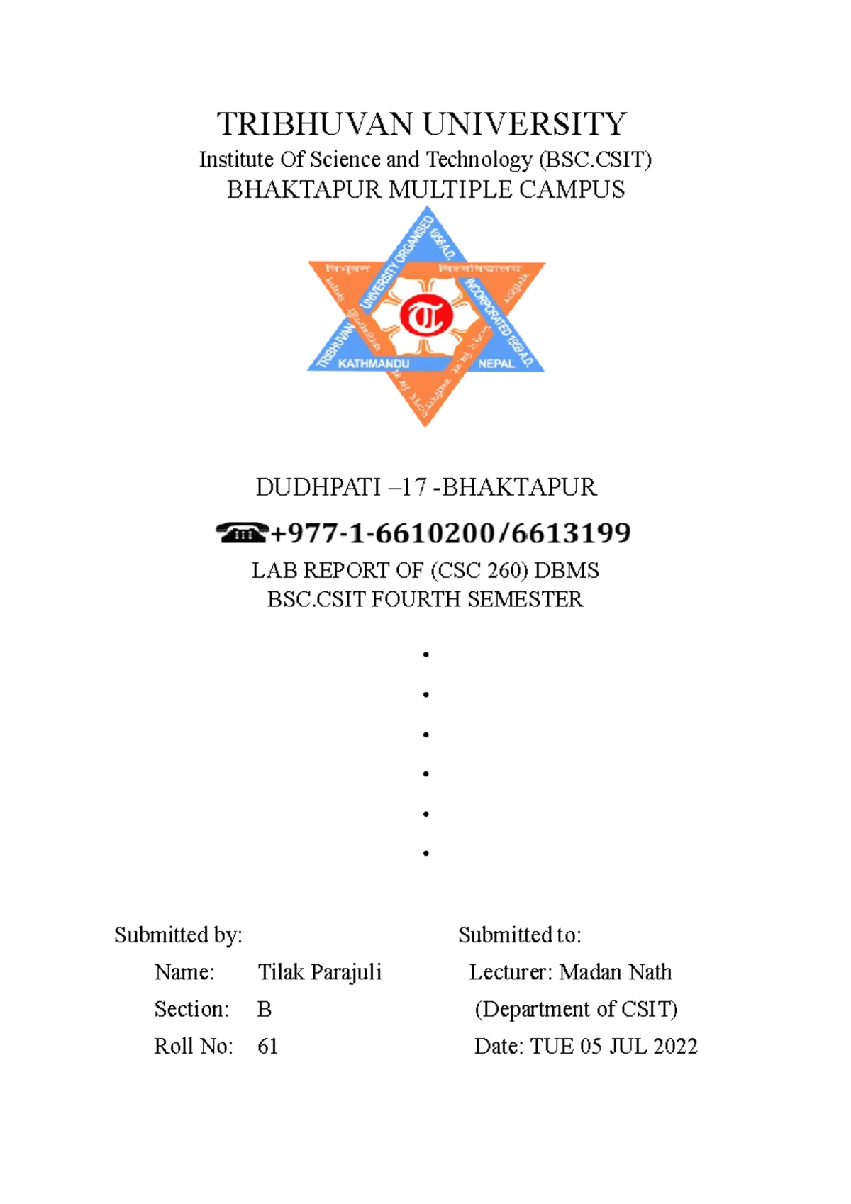 B.Sc.CSIT 8th Semester Advanced Database Lab Report by Ankit Pangeni - Studocu