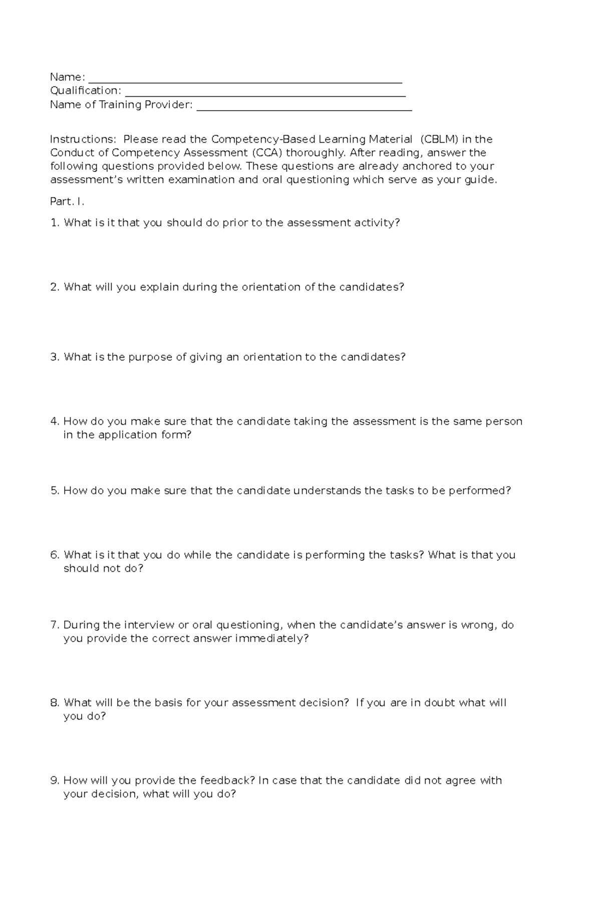 Activity 1: Competency Assessment Guidelines (CCA) - Studocu
