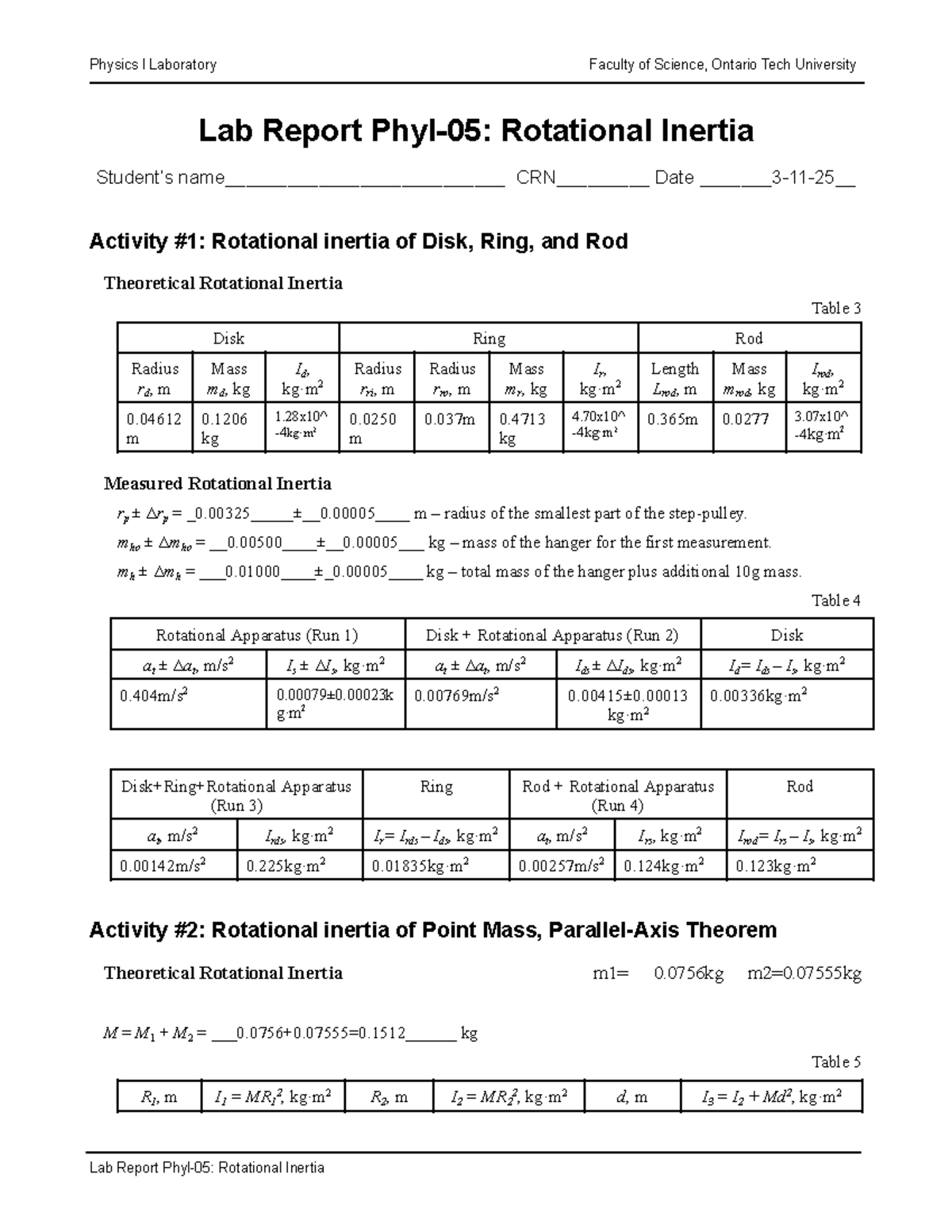 Physics I Lab Report: Rotational Inertia Analysis at Ontario Tech - Studocu