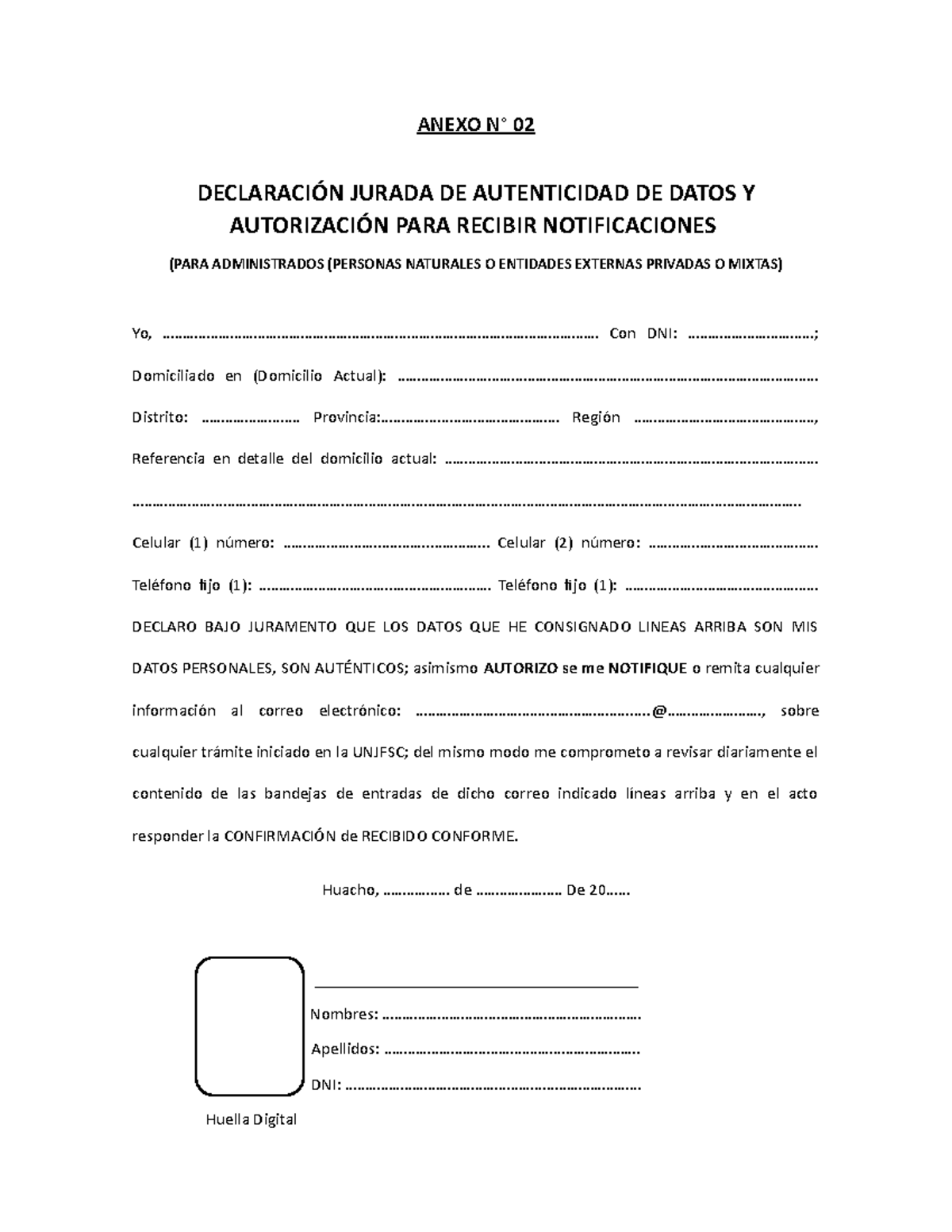 Anexo N. 02 - ANEXO N° 02 DECLARACIÓN JURADA DE AUTENTICIDAD DE DATOS Y AUTORIZACIÓN PARA ...