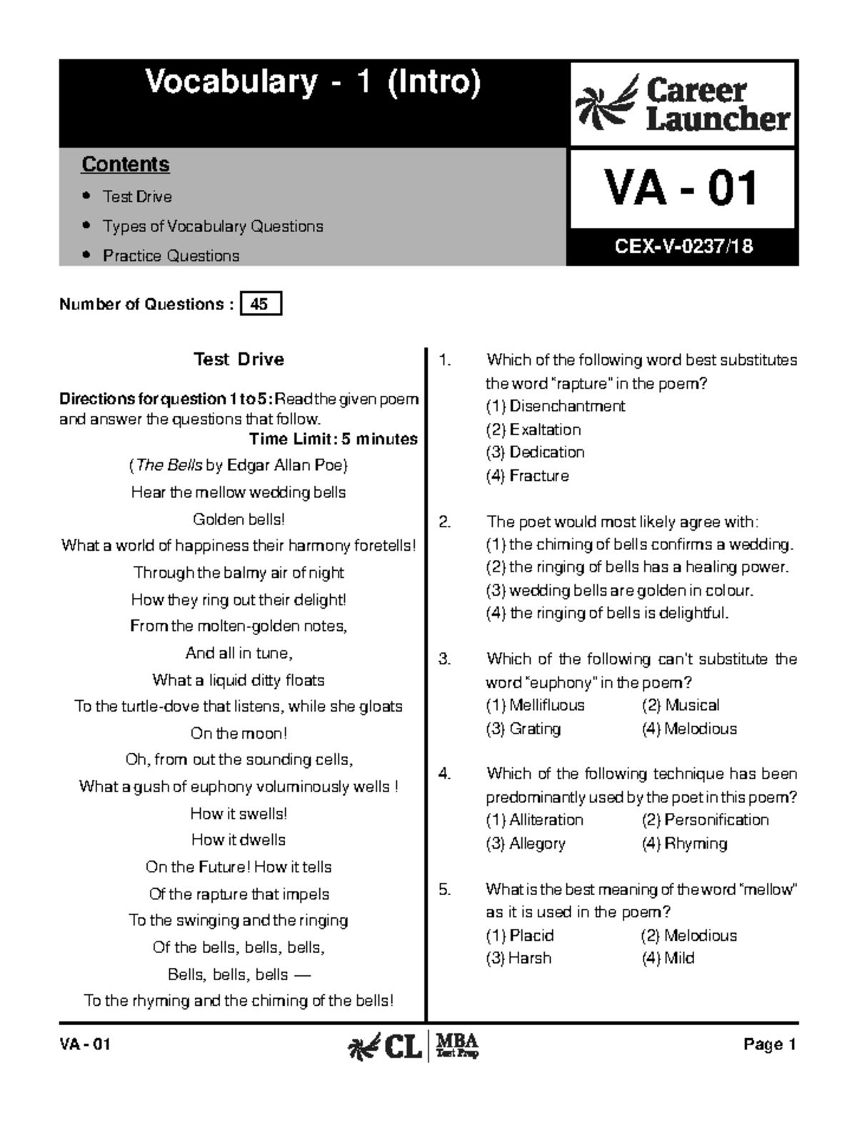 VA-01 Vocabulary 1 Test Drive with Solutions and Practice Questions ...