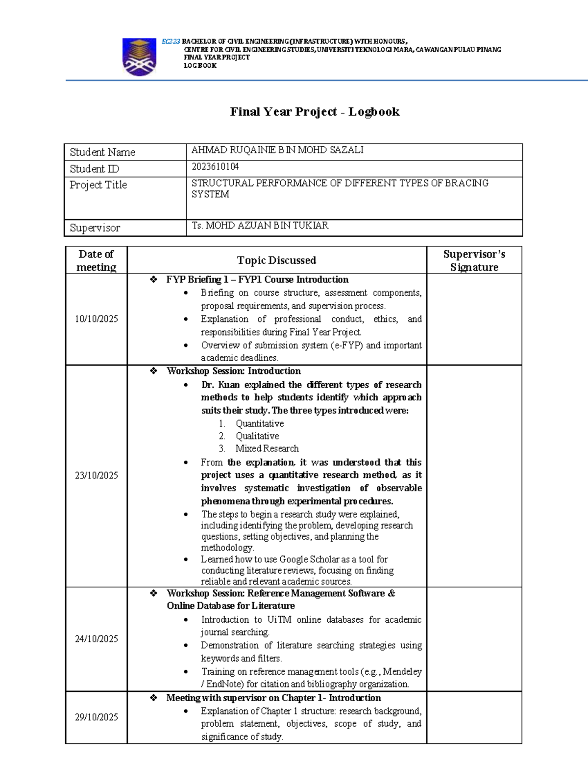 EC223 Final Year Project Logbook: Structural Performance of Bracing ...