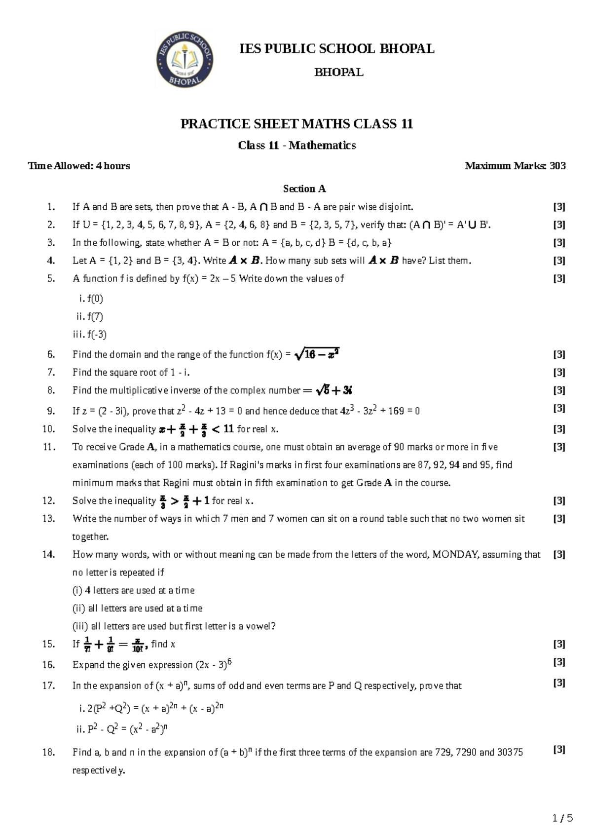 Maths Class 11 - Comprehensive Practice Sheet for Final Exam - Studocu