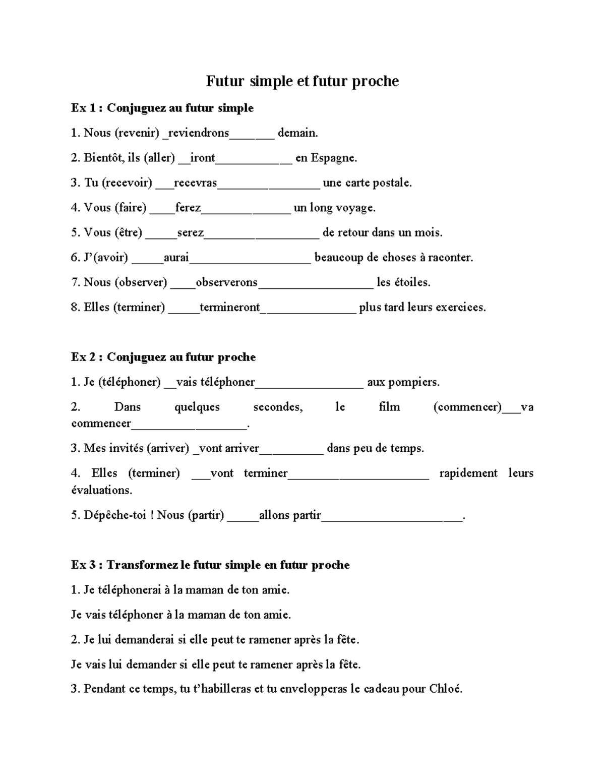 Futur Simple et Futur Proche: Exercices de Conjugaison - Studocu