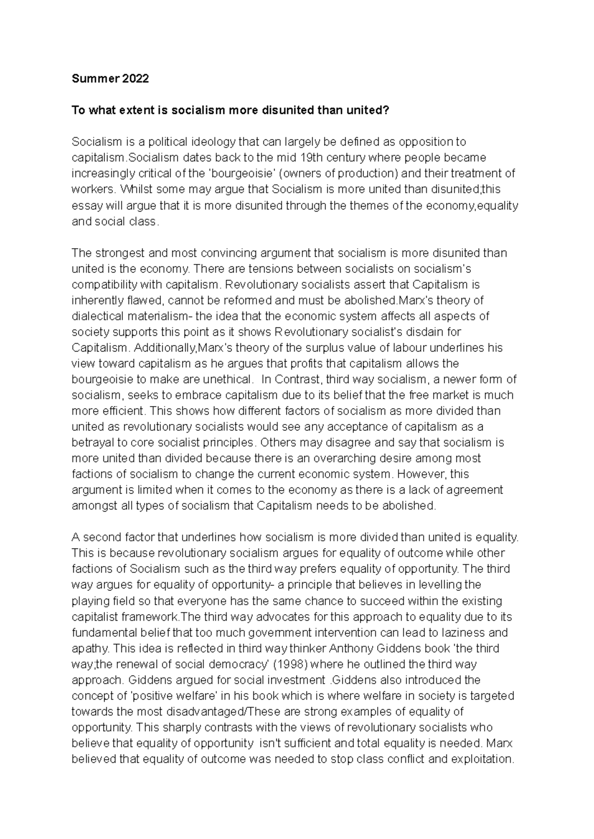 Socialism Essay: Analyzing Disunity vs. Unity Themes in 2022 - Studocu