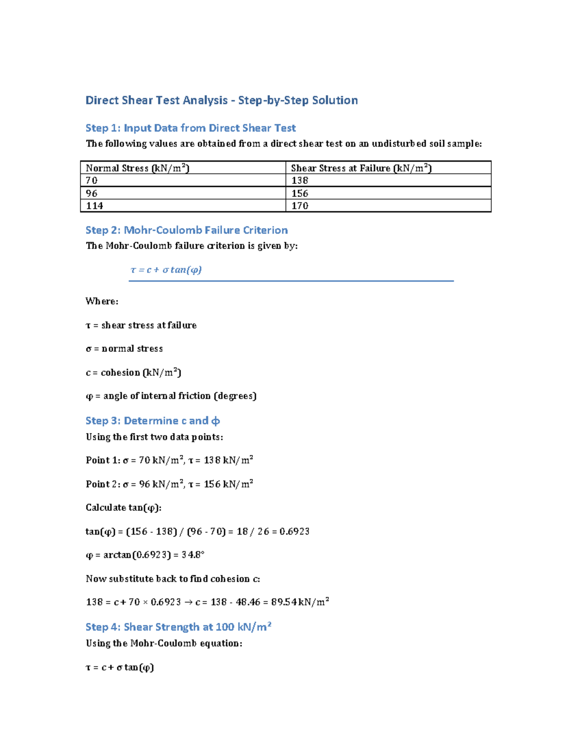 Direct Shear Test Analysis: Detailed Solution Steps and Calculations ...