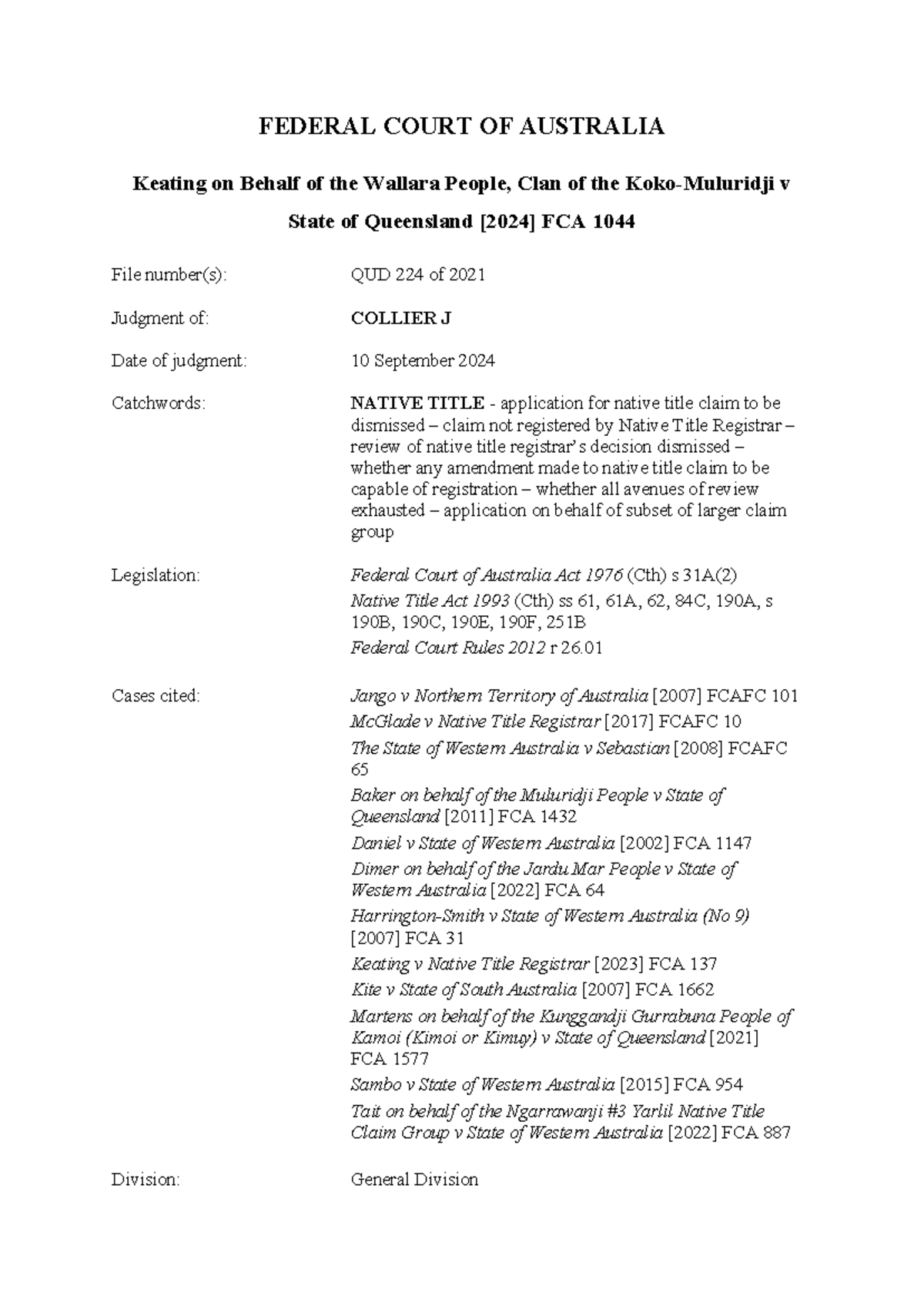 Keating on Behalf of the Wallara People v State of Queensland - FCA ...