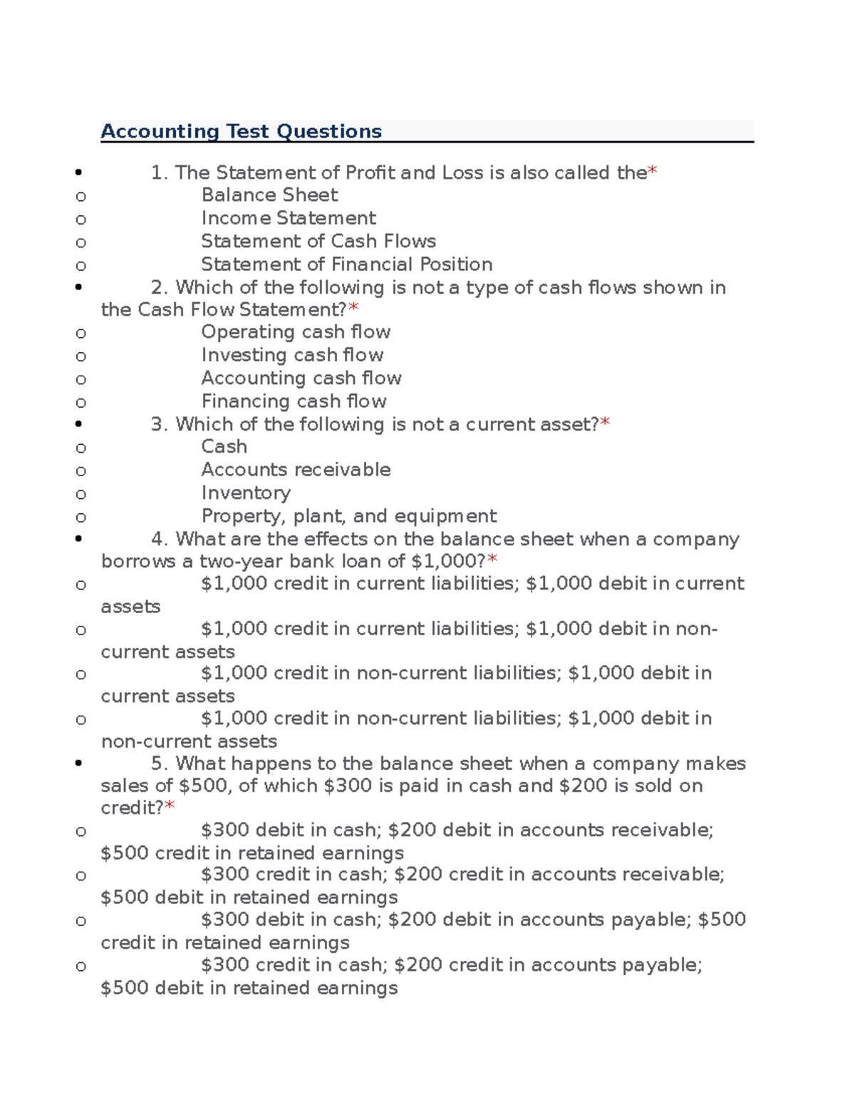 Accounting Test Questions - The Statement of Profit and Loss is also ...