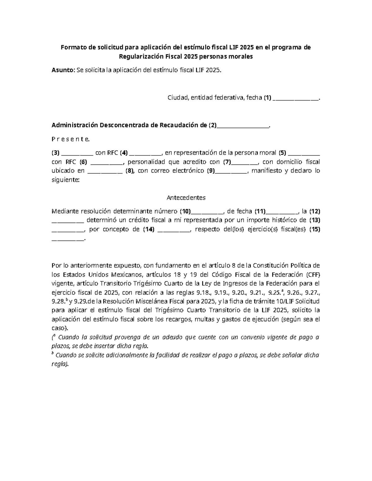 Escrito De Solicitud Para Estímulo Fiscal Lif 2025 Personas Morales