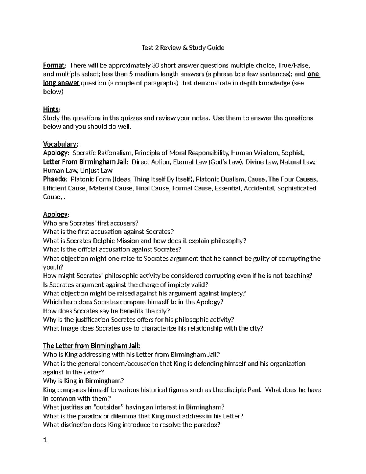 Test 2 Review & Study Guide: Socratic Philosophy & Civil Disobedience ...