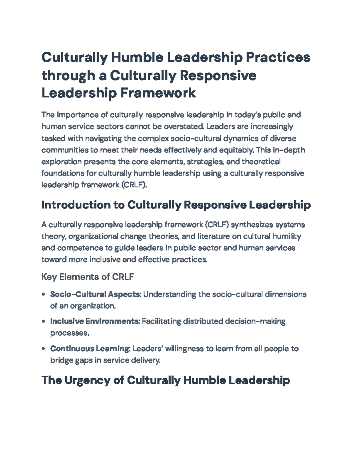 Culturally Humble Leadership Practices: A Culturally Responsive ...