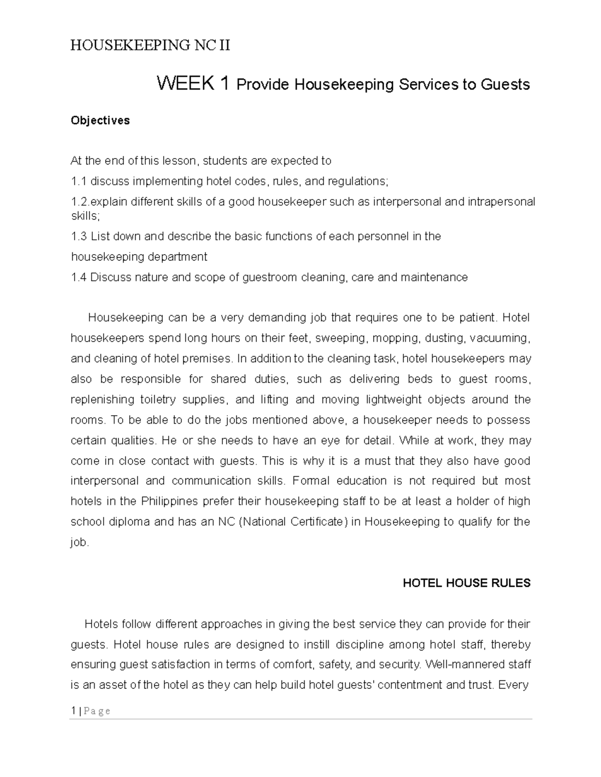 Housekeeping NC II: Week 1 Guestroom Rules & Cleaning Guidelines - Studocu