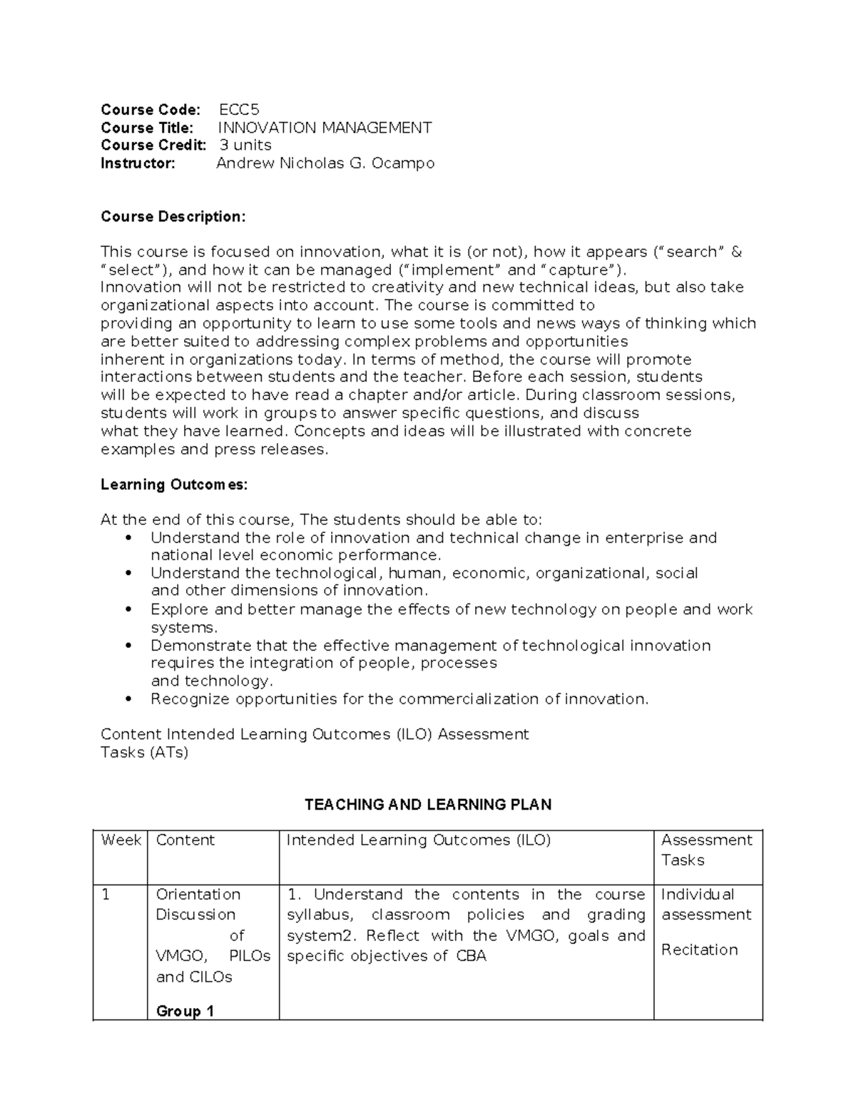 ECC5 Syllabus: Innovation Management Course Overview and Learning ...