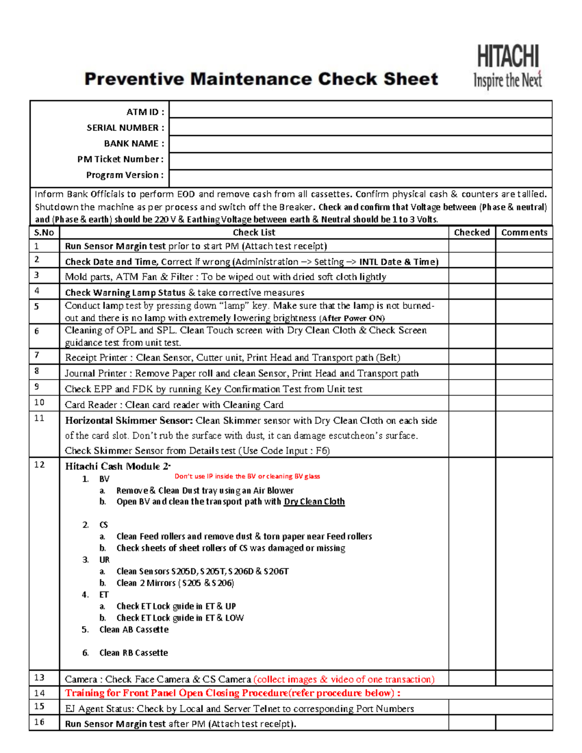 V4-PM ATM Maintenance Check Sheet: Procedure & Checklist - Studocu