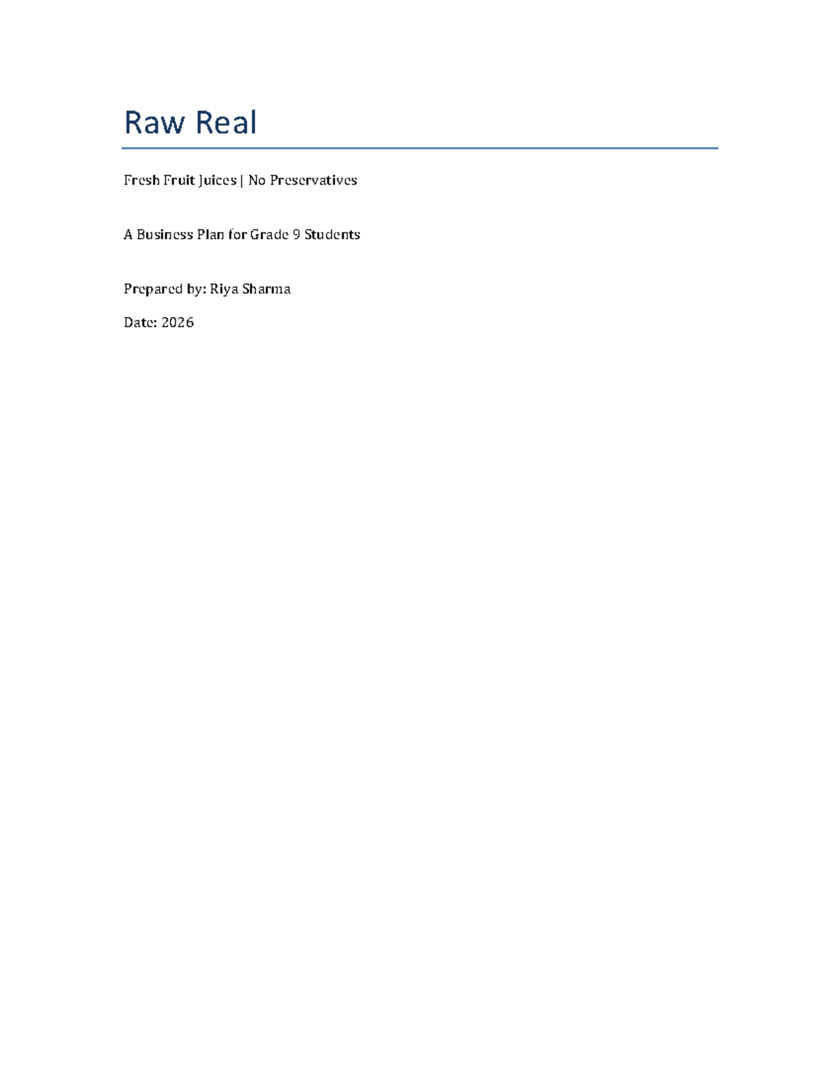 Raw Real Fresh Fruit Juices Business Plan for Grade 9 Students - Studocu