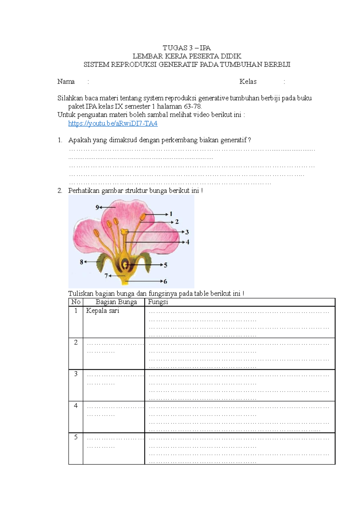 Kelas 9 IPA LKPD 4 - Sistem Reproduksi Generatif Tumbuhan Berbiji - Studocu