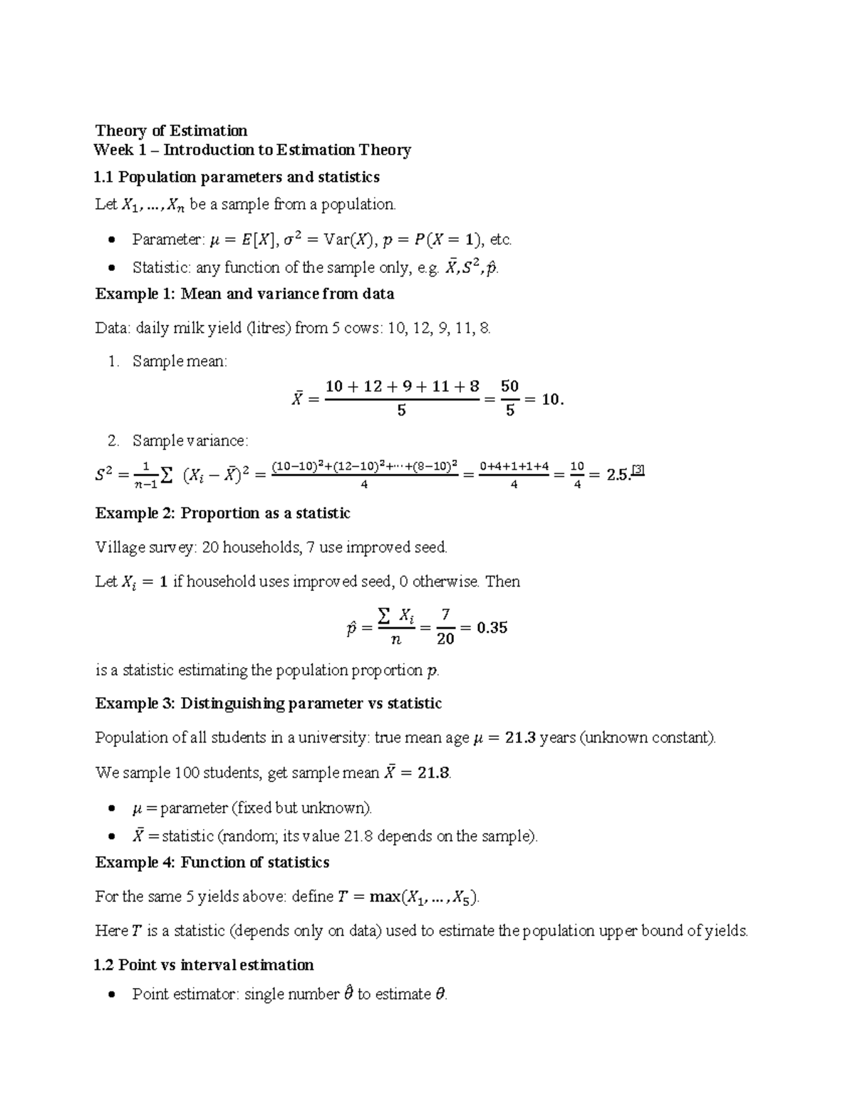 Estimation Theory Summary Notes (STAT 101) - Studocu