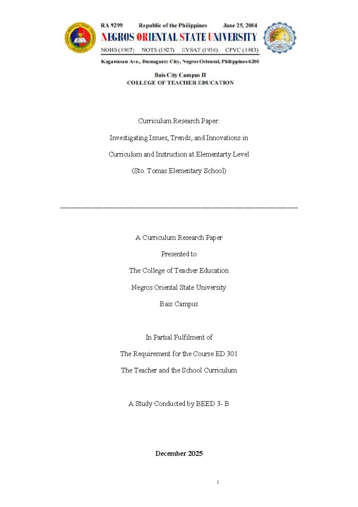 ED 301 Curriculum Research Paper: Trends and Innovations in Elementary ...
