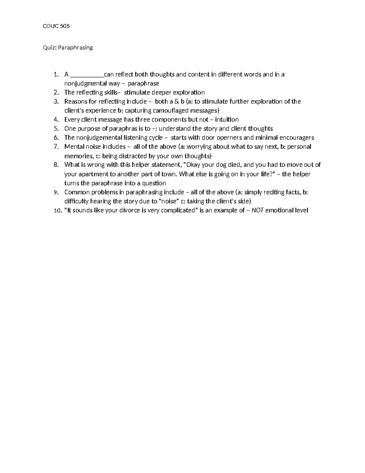 COUC 505 Quiz: Key Concepts in Paraphrasing Techniques - Studocu