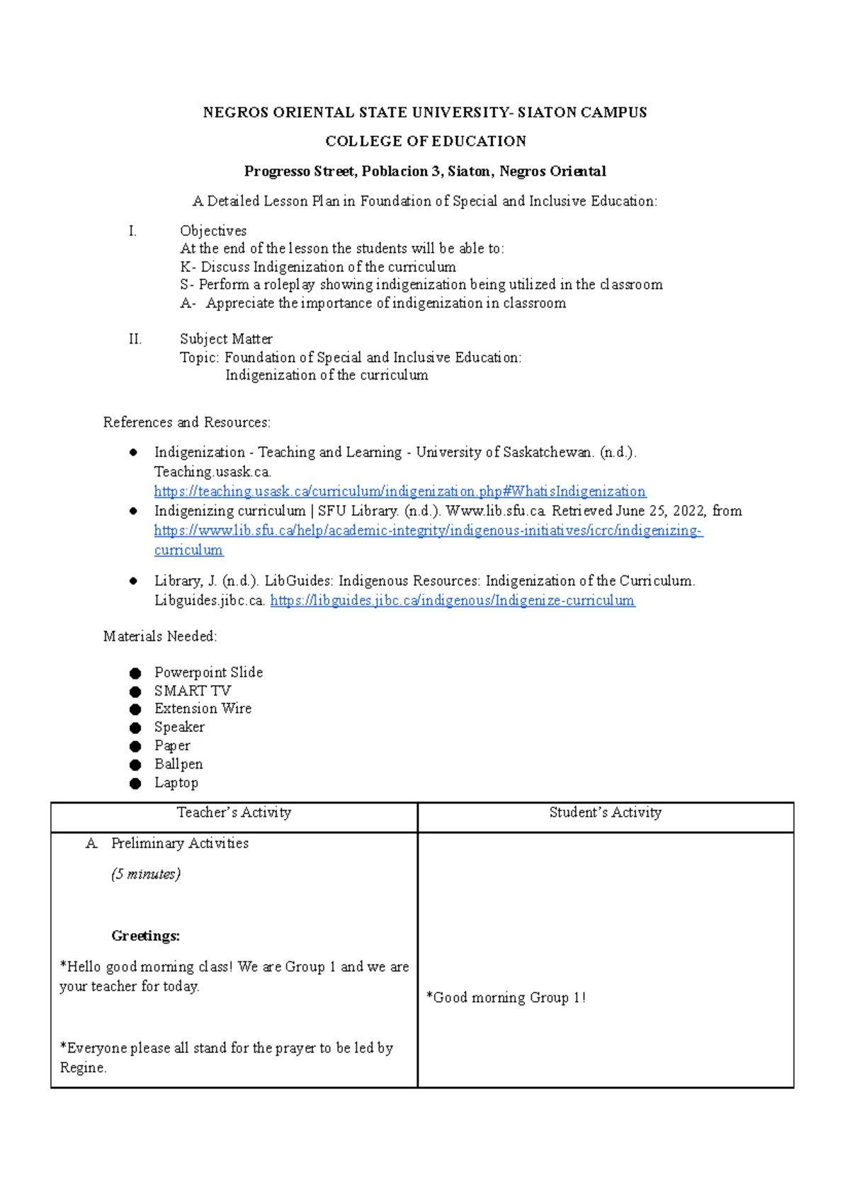 Lesson Plan for Indigenization in Special & Inclusive Education (ED204 ...