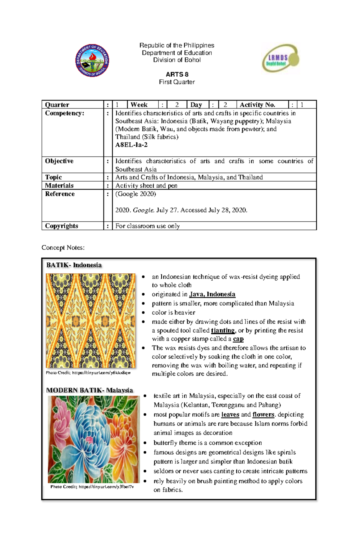 ARTS8 Q1 W2 - iuyo[py7 - Republic of the Philippines Department of ...