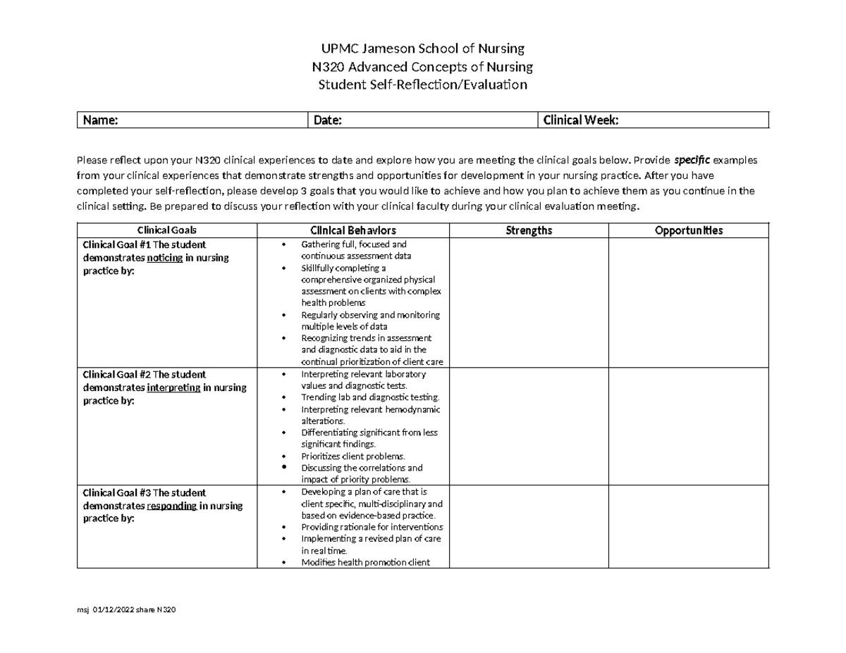 N320 Self Reflection Tool: Clinical Experiences & Goals - Studocu