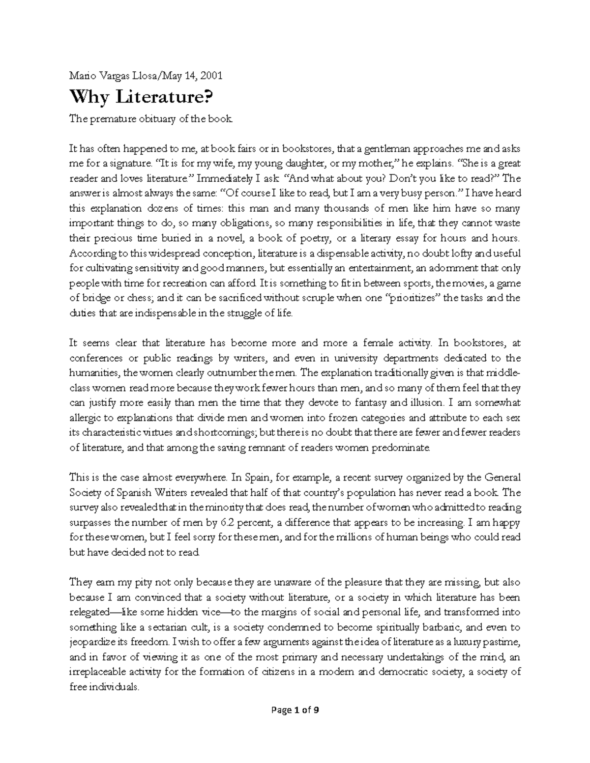 Why Literature Matters: Insights from Mario Vargas Llosa - Studocu