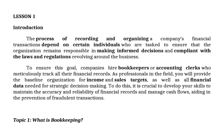 BOOKKEEPING LESSON 1: Introduction to Financial Transactions - Studocu