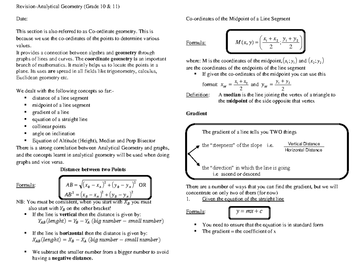 Analytical Geometry Notes 3: Concepts for Grade 10 & 11 Revision - Studocu