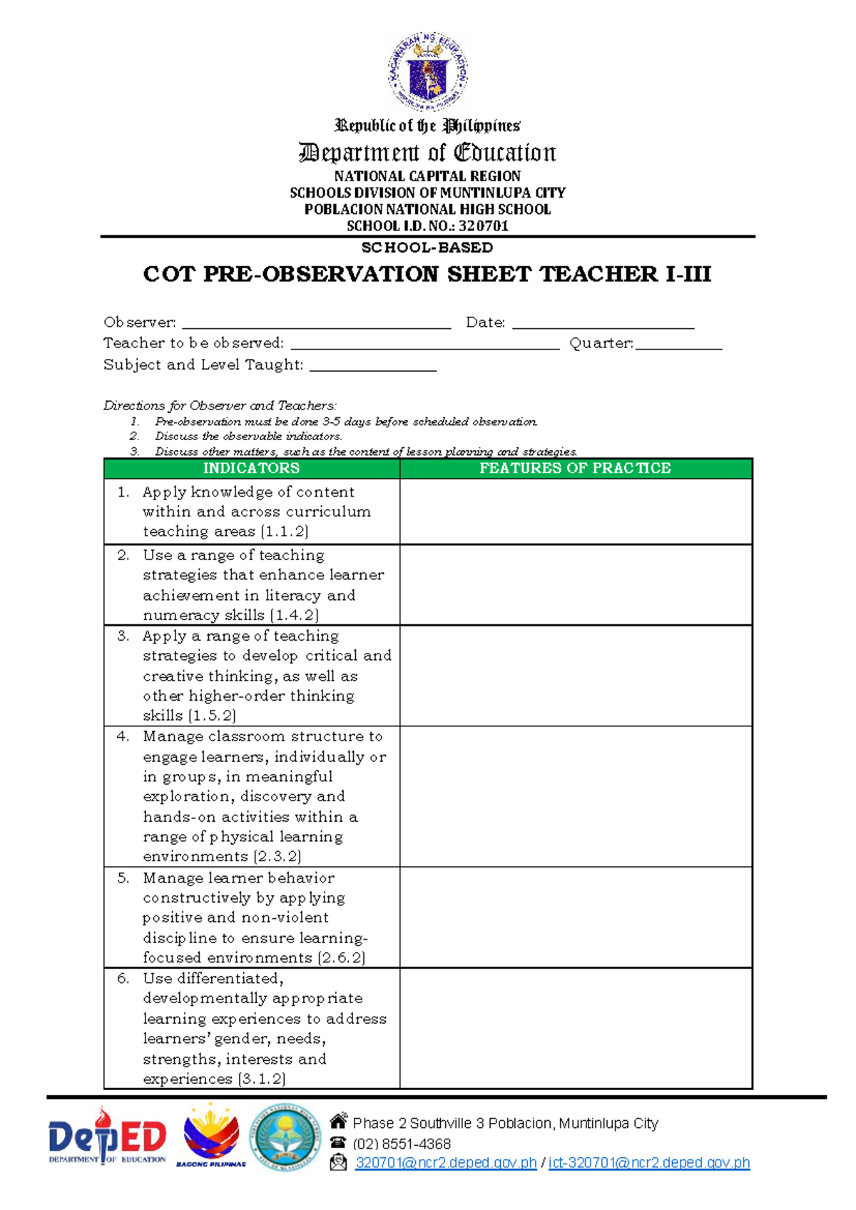 Pre-Observation Form for Teacher Evaluation - DFRGHHT - Studocu