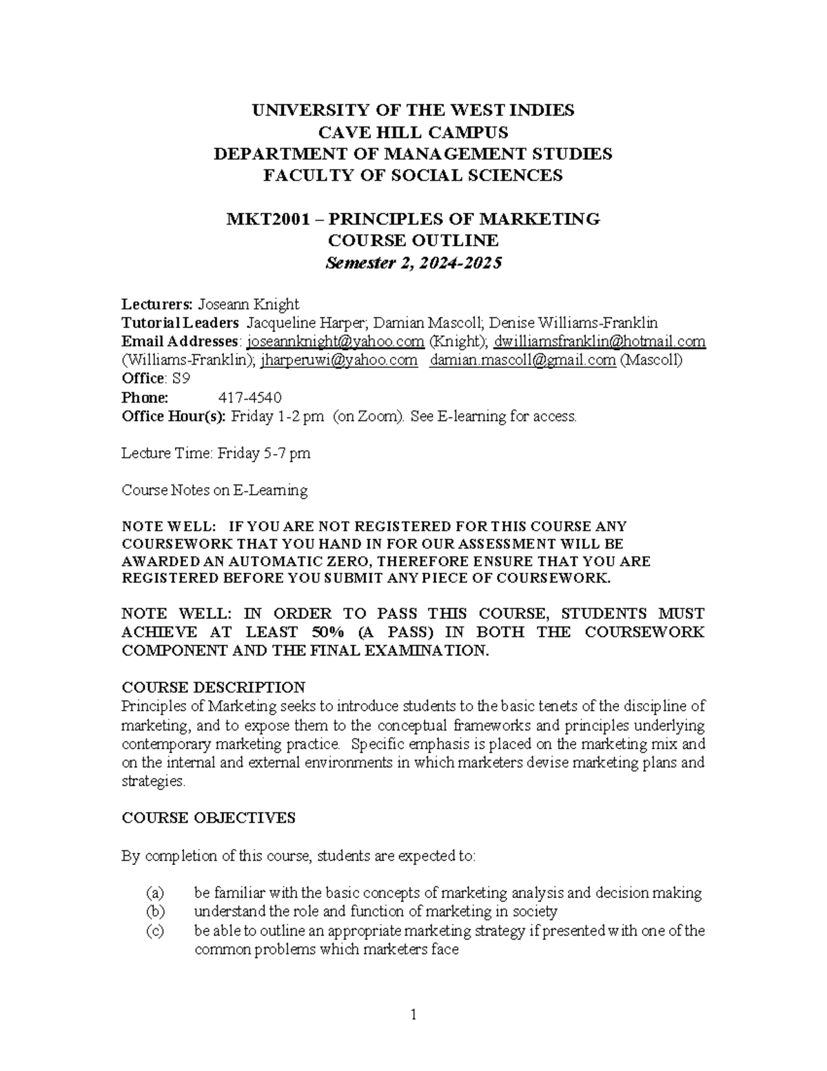 MKTG 2001 Course Outline for Principles of Marketing - Semester 2, 2024 ...
