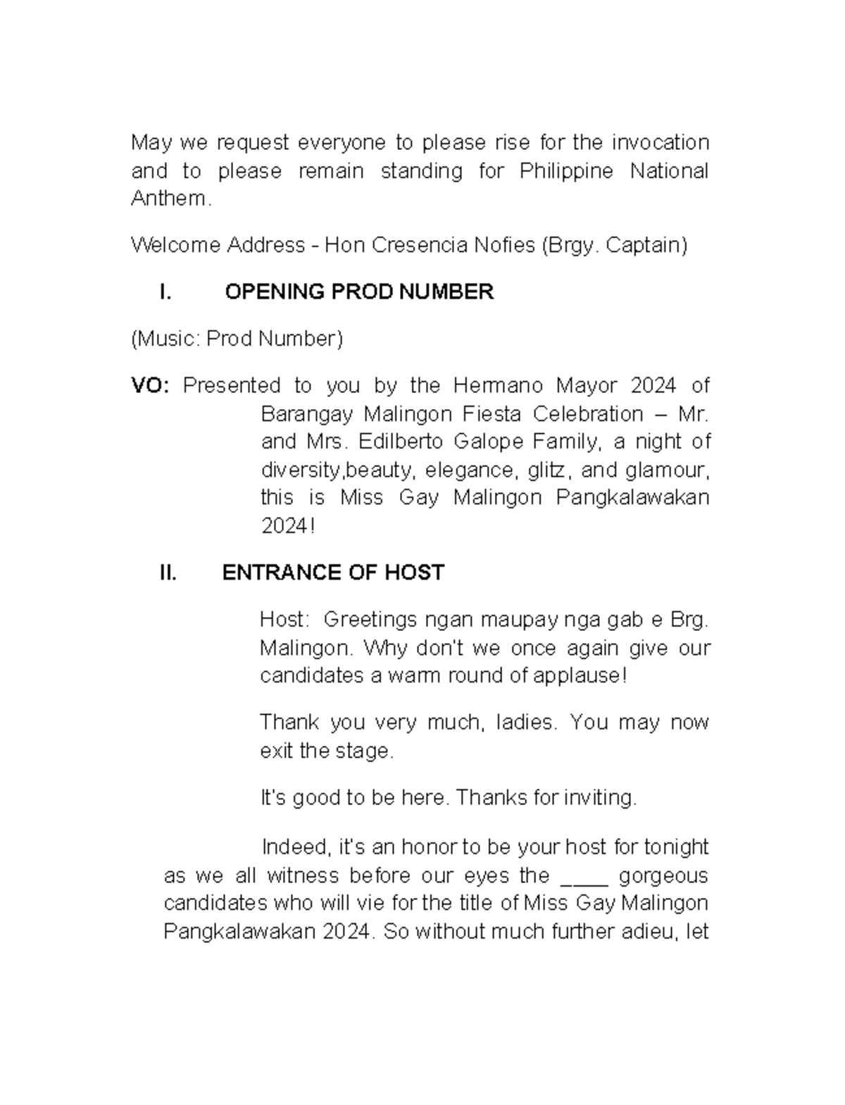 Miss Gay Malingon Pangkalawakan 2024 - Emcee Script - Studocu