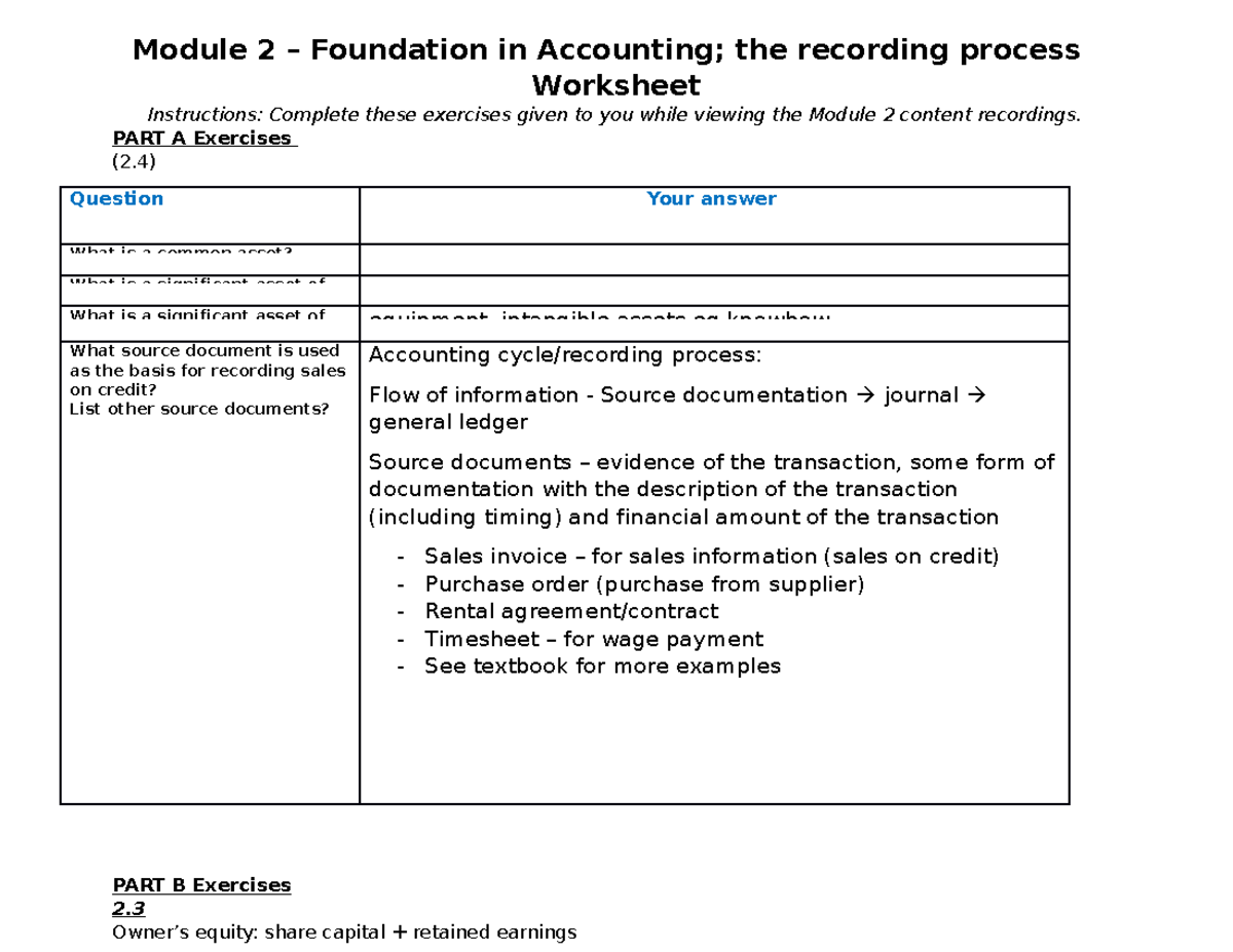 Module 2 worksheet - Module 2 – Foundation in Accounting; the recording ...