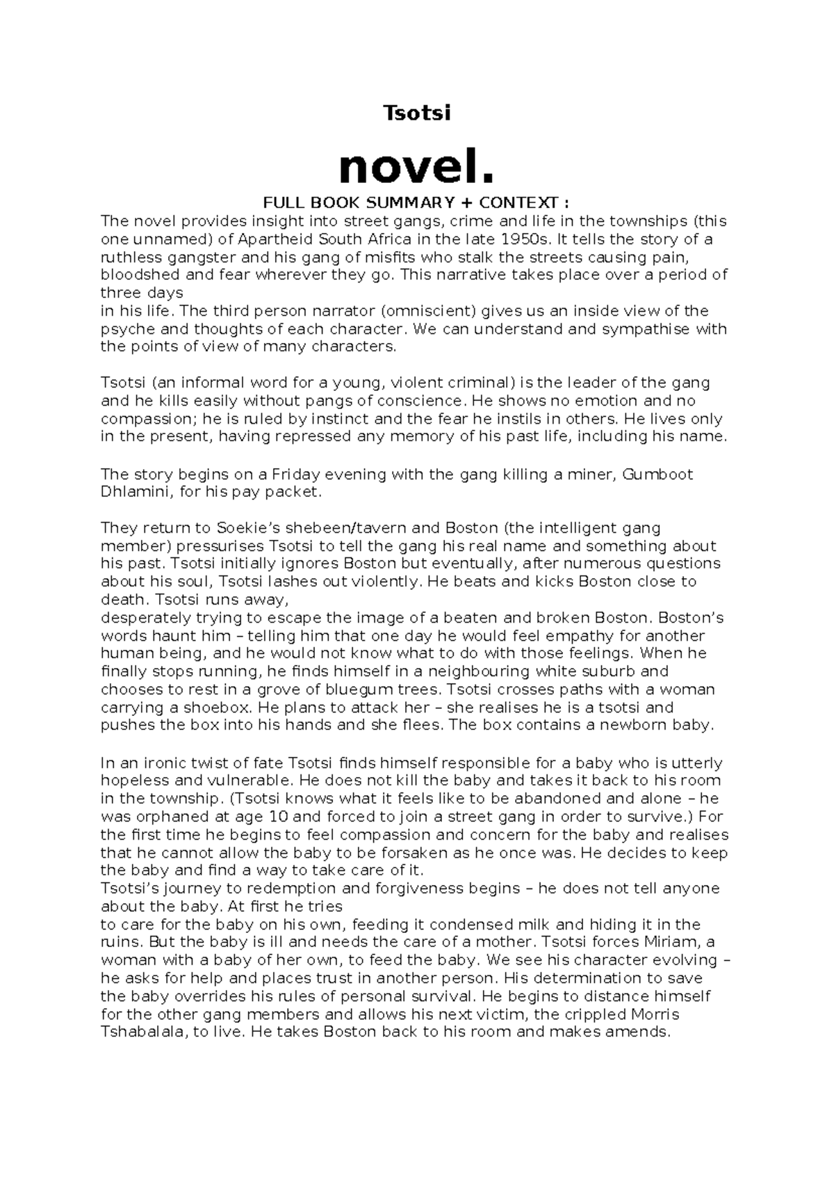 Tsotsi (ENG 101) Novel Summary and Analysis: Themes, Characters, and Motifs - Studocu