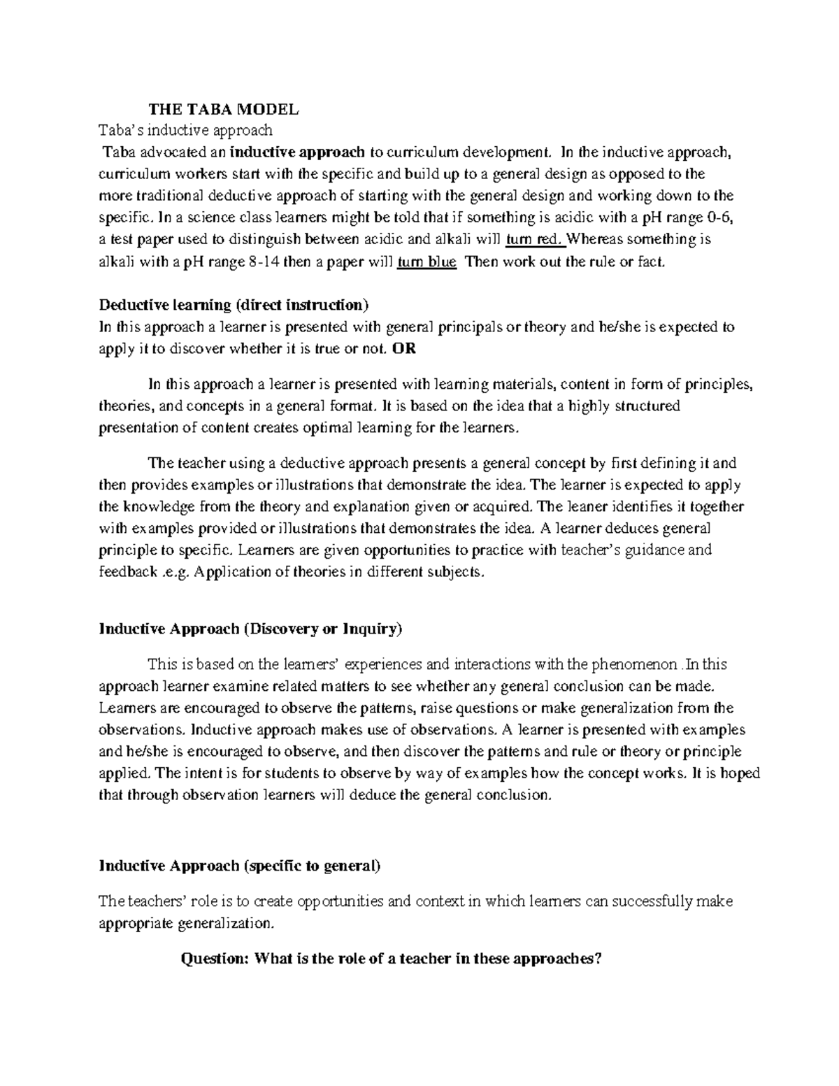 TABA Model: Lecture Notes on Curriculum Development Approaches - Studocu